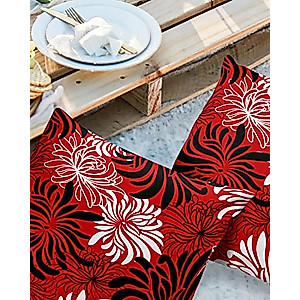 Brawvy Pillow Covers 16x16 inch Outdoor Decorative Waterproof Pillow Covers Spring Flower Red and Black Chrysanthemum Throw Pillowcase Shell for Patio Tent Couch Set of 2