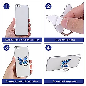 Cobee Butterfly Cell Phone Ring Stand Holder, 2 Pcs Cute Butterfly Pattern Painted Metal Finger Stand Kickstand 360°Rotation Phone Ring Holder Stand Ring Hand Grip with Knob Loop (Blue, Rose Red)