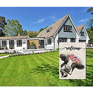 Spring Garden Flag Welcome Floral Crown Cow Garden Burlap Flag 12.5 x 18 Inch Vertical Double Sided Spring Summer Flags Outdoor Decorations Farmhouse Yard Home Decor