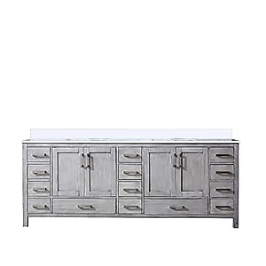 Lexora Jacques 84 in. W x 22 in. D Distressed Grey Double Bath Vanity and White Quartz Top