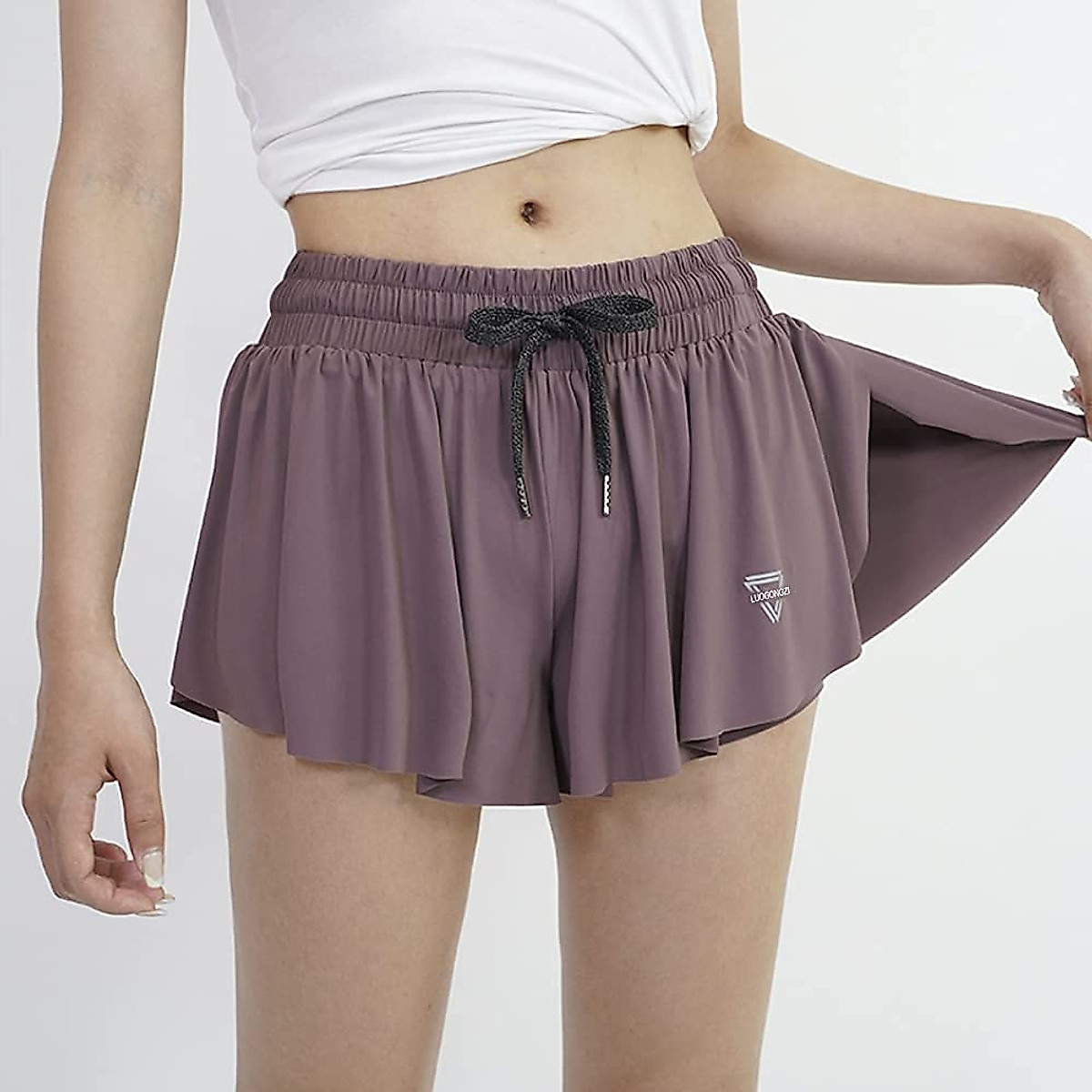 2 in 1 Flowy Womens Biker Shorts Gym Yoga Athletic Workout Running Spandex Comfy Lounge Sweat Skirt Summer (L, Purple)