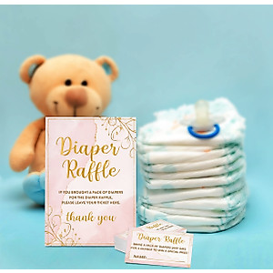 Gihyan Diaper Raffle Baby Shower Game Set(1 Standing Sign + 50 Guessing Cards), Watercolor Pink Diaper Raffle Tickets for Baby Shower, Gold Foil Baby Shower Party Favor Decor - A02