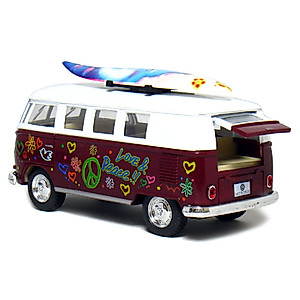 Set of 4 Vehicles: 5" 1962 VW Classic Van Flowers with Surfboard (Red, Green, Maroon and Yellow)