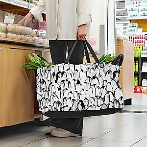 KQNZT Reusable Grocery Bags, Large Foldable Reusable Shopping Tote Bags Bulk for Groceries, Waterproof Kitchen Cloth Produce Bags with Long Handles, Animal Penguin