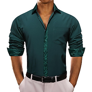 YOHOWA Men's Shirt Solid Color Cotton Silk Long Sleeve Button Down Dress Shirts Business Formal Dark Green