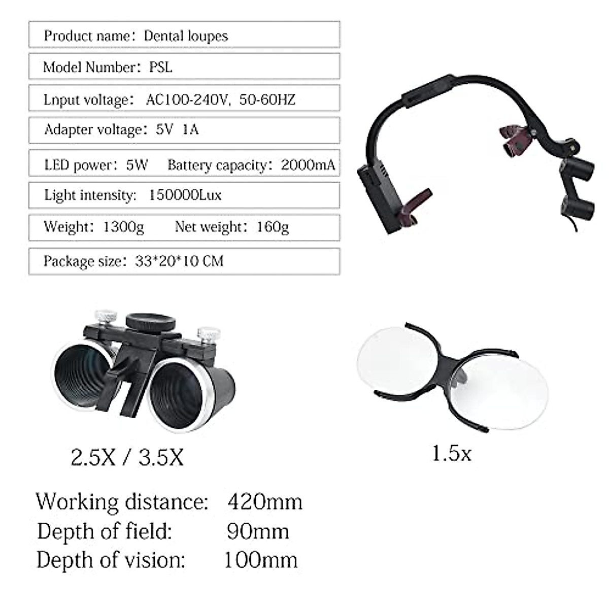 5W Binocular Loupes Glasses Headband Magnifier 2.5X 3.5X Dental Binocular Magnifier LED Head Light Lamp for Magnification Binocular Loupes Dentist Surgical Headlight Lab Equipment (2.5X)