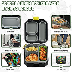 Itslife Bento Lunch Box for Kids, 3-5 Compartment with Leak Proof, 35oz Lunch Containers for Toddler, Dishwasher Safe, BPA Free, Ideal Portion 10 Designs for Kids School Gift (Black Dinosaur)