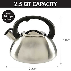 Primula Avalon Whistling Stovetop Tea Kettle Food Grade Wide Mouth, Fast to Boil, Cool Touch Handle, 2.5-Quart, Brushed Stainless Steel