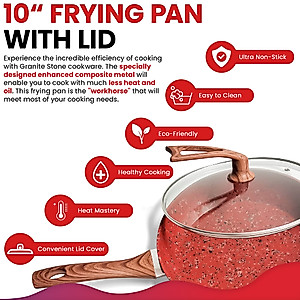 CopperKitchen 10 Inch Frying Pan with Special Lid - Deluxe Copper Granite Stone Coating - PFOA PFOS PTFE Free - Premium Nonstick Scratch Proof Coating - Comes with Special Lid, Red