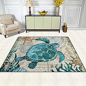 Blue Sea Turtle Nautical Map Area Rug 7' x 5' Door Mats Indoor Polyester Non Slip Multi Rectangle Carpet Kitchen Floor Runner Decoration for Home Bedroom Living Dining Room