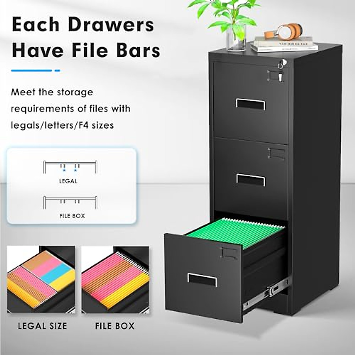 Greenvelly 18" D File Cabinet, 3 Drawer Vertical File Cabinet with Lock, Locking Filing Cabinet for Home Office, Black Metal File Cabinet for Hanging Letter/Legal Folders, Easy Assemble