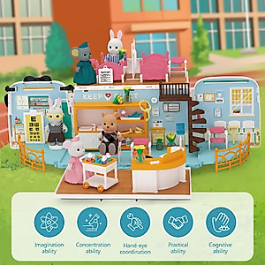 Dollhouse Playset for Girls - Kids Pretend Play Doll House Toy Doctor Kit Hospital Accessories, Portable Critter Doll Ambulance Bus Toys for Toddlers Boys Girls Birthday Gifts 3 4 5 6 Year Old