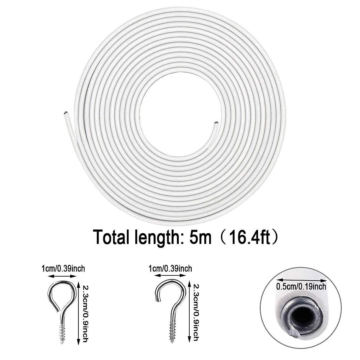 White Curtain Wire 5 Meter Wall Decor Picture Hanging Kit with 6 Pairs of Screw Eyes and Hooks for Net Curtain Rods Clothesline Hanging Decor