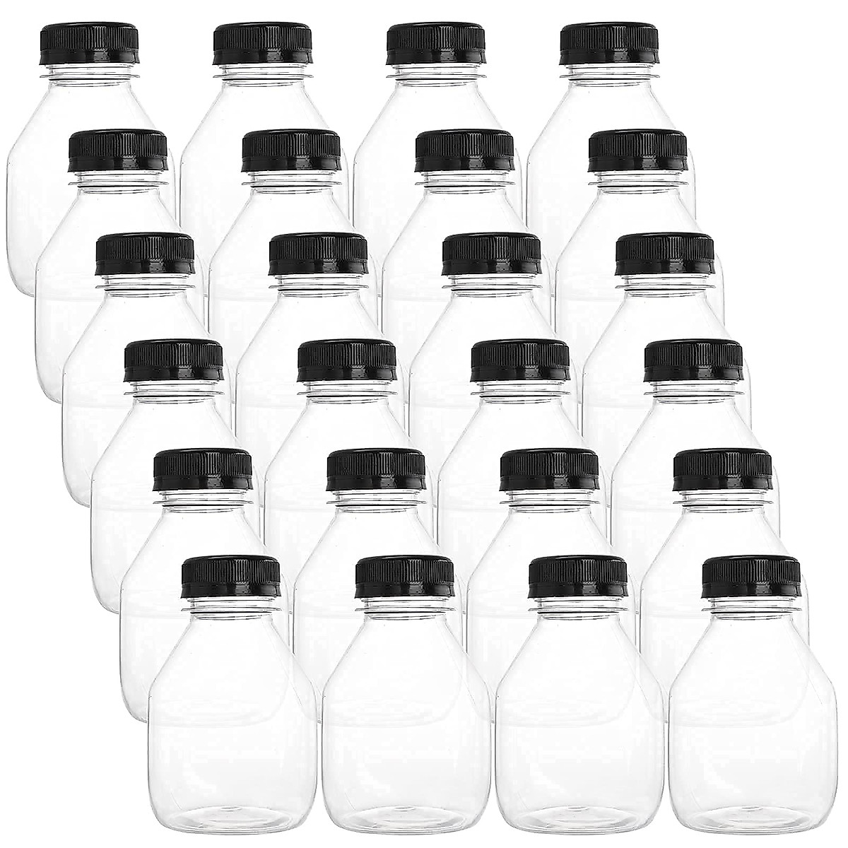 DEAYOU 24 Pack Plastic Juice Bottles, 8 OZ Empty Clear Beverage Bottles with Caps, Small Reusable Drink Container with Black Tamper Evident Lid for Take Out, Milk, Smoothie, Juicing, Cold Drinks