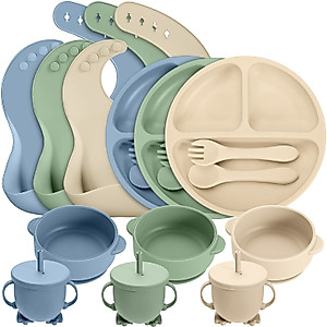 18 Pcs Silicone Baby Feeding Set Infant Dinnerware Adjustable Silicone Toddler Bibs Baby Plates and Bowls Set Suction Bowls Divided Plates Spoons Fork Cups Utensils (Gray Blue, Navy Green, Beige)