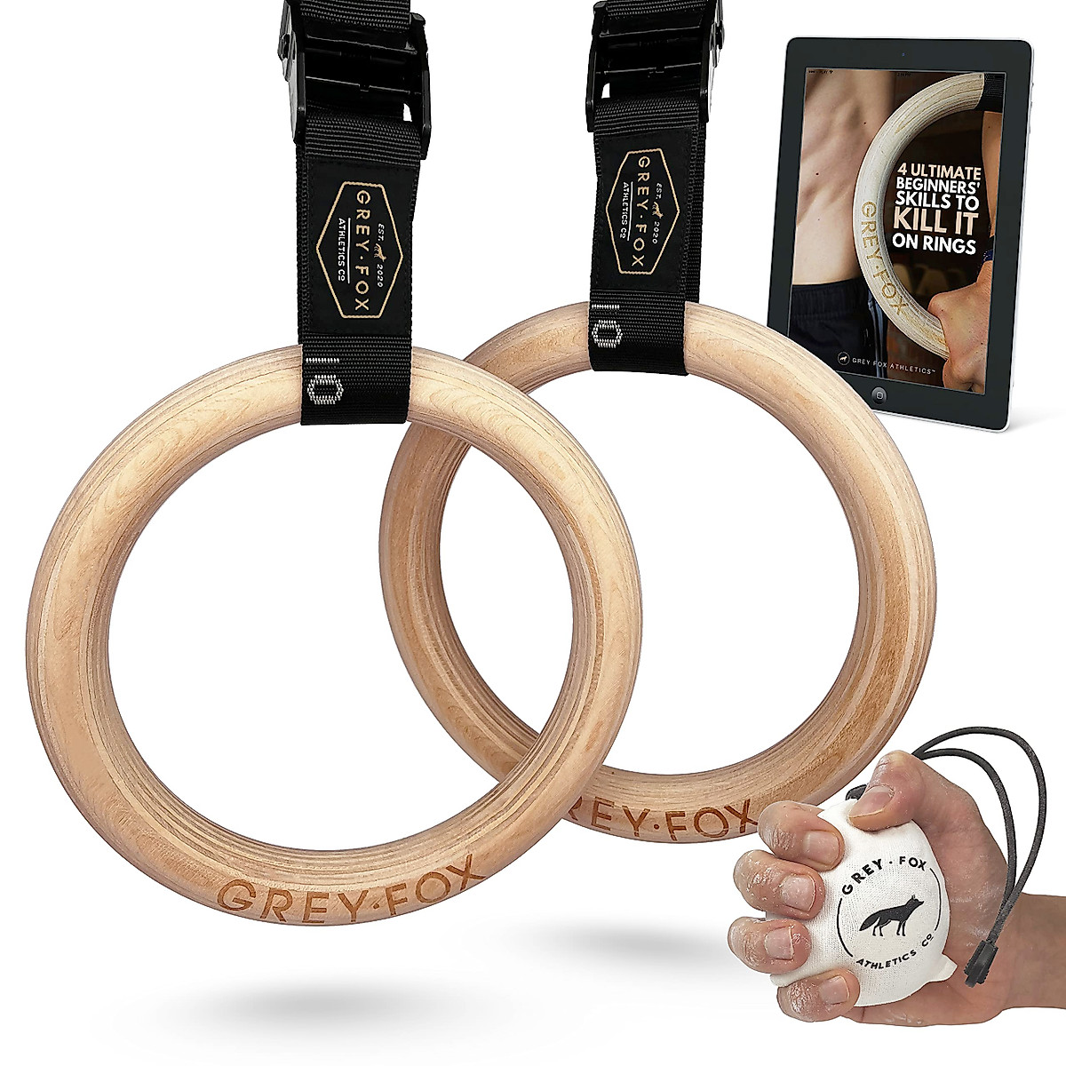 New Grey Fox Premium Numbered 1.1" Wooden Gymnastic Rings with Adjustable Straps Olympic Size: Chalk, Non-Slip Buckle |Full Body Suspension |Bodyweight Calisthenics |Home Gym Equipment |Fitness Gifts
