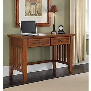 Home Styles Arts and Crafts Mission Style Student Desk Crafted from Hardwoods with Cottage Oak Finish, Black Finished Hardware, Slightly Flared Legs, Two Storage Drawers, Without Hutch