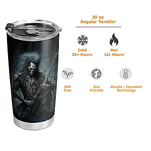 20oz Metal Rock Skull Reaper Electric Guitar Tumbler, Guitarist, Musician Gifts, Coffee Thermos for Men, Stainless Steel Double Wall Vacuum Insulated Coffee Mug, Travel Cup with Lid