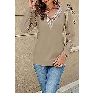 Langwyqu Women's Casual Long Sleeve Sweatshirts V Neck Loose Fit Solid Color Work Pullover Shirt Tops Khaki