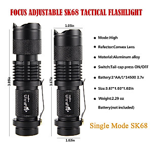ULTRAFIRE 3 Pack Mini Flashlights Focus Adjustable SK68 Single Mode Tactical LED Flashlight, Ultra Bright 300 Lumens Torch