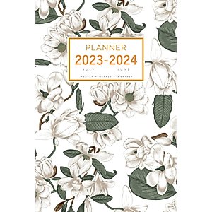 Planner July 2023-2024 June: 6x9 Medium Notebook Organizer with Hourly Time Slots | Beautiful Magnolia Flower Design White