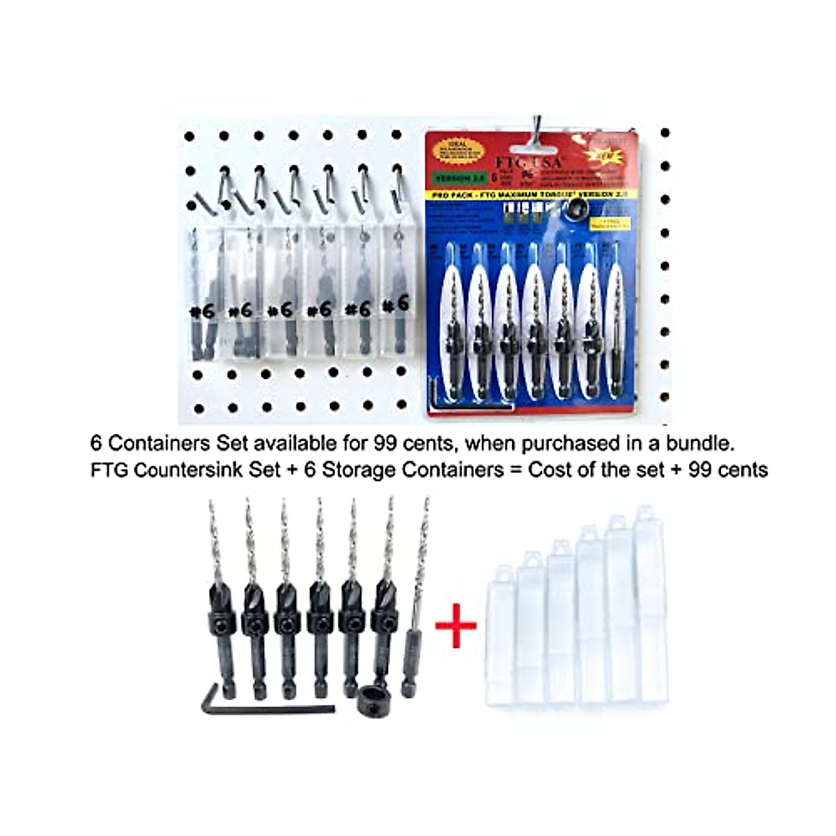FTG USA Countersink Drill Bit Set 6 Pc #6 (9/64") Wood Countersink Drill Bit, Pro Pack Countersink Bit, 1 Extra Tapered Drill Bit for Countersink, 1 Stop Collar, 1 Hex Wrench