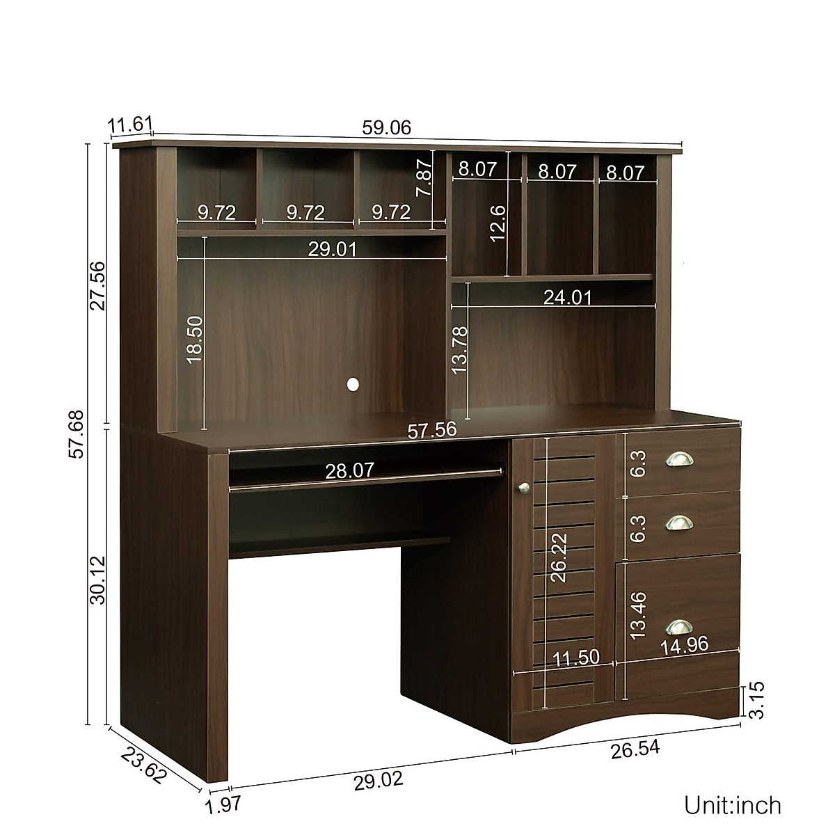 JINS&VICO Computer Desk with Drawers Bookshelf and Keyboard Tray,Wood Executive Desk with Hutch,Teens Student Desk, Modern Style Writing Laptop Home Office Desk,Computer Desk with Walnut Finish