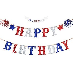 Ushinemi Glitter 4th of July Birthday Decorations, Red White and Blue Happy Birthday Banner, Patriotic Independence Day Birthday Party Supplies