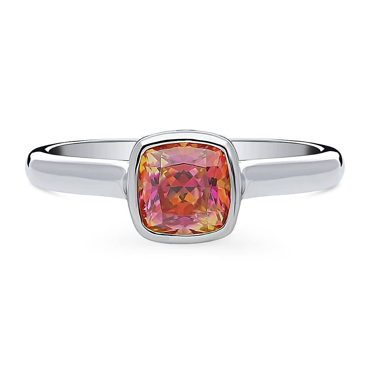 BERRICLE Sterling Silver Solitaire Red Orange Bezel Set Cushion Cut Cubic Zirconia CZ Kaleidoscope Fashion Ring for Women, Rhodium Plated 1.25 Carat Size 5