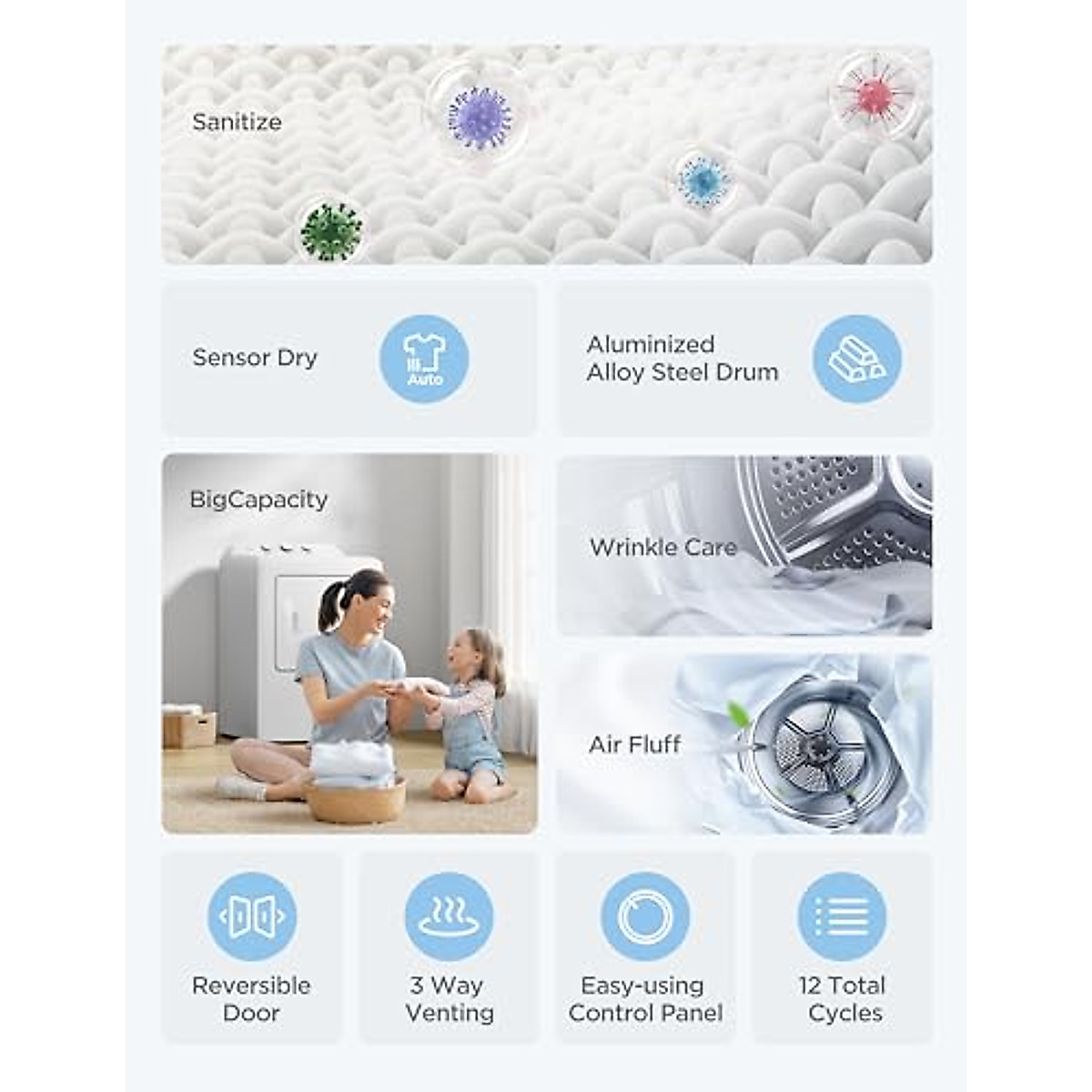 Midea MLTE37N1BWW Electric Dryer, Sensor Dry, Wrinkle Care, Air Fluff, Easy-Using Control Panel, 12 Total Cycles, 6.7 Cu.ft, White