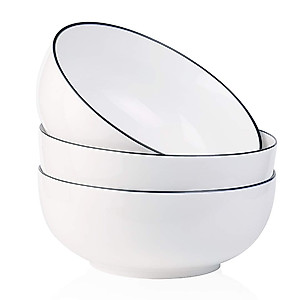 YOLIFE Salad Bowls 55 oz, Set of 3 Pho Bowl, Large Serving Bowls, 8 inch Porcelain Bowls for Fruit, Soup, Pasta Bowl, White with Black Trim