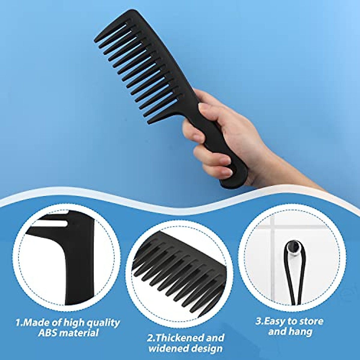 3Pcs Wide Tooth Comb, Large Tooth Combs Wide Tooth Curl Comb Shark Teeth Hair Hairstyle Tool for Curly Wet Wavy Thick Hair Wigs Barber Salon, Women Men (Black)