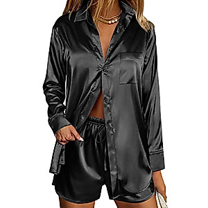 Ekoauer Womens Satin Stylish V Neck Long Sleeve Button Down Shirt and Matching Shorts Pajama Set, Black, Medium