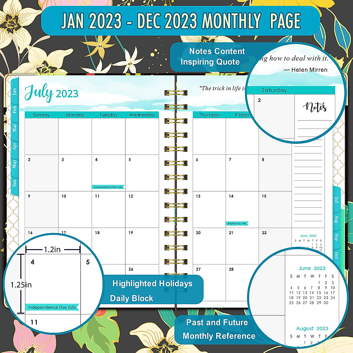 2023 Planner - Planner/Calendar 2023, Jan.2023 - Dec.2023, 2023 Planner Weekly & Monthly with Tabs, 6.3" x 8.4", Hardcover + Back Pocket + Twin-Wire Binding, Daily Organizer - Colorful Floral