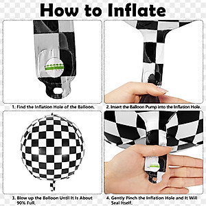 Checkered Balloons, 22 Inch Checkered Round Foil Balloons, 6 Pcs Black and White Checkerboard Mylar Sphere Balloons for Race Car Birthday Party Decorations Supplies