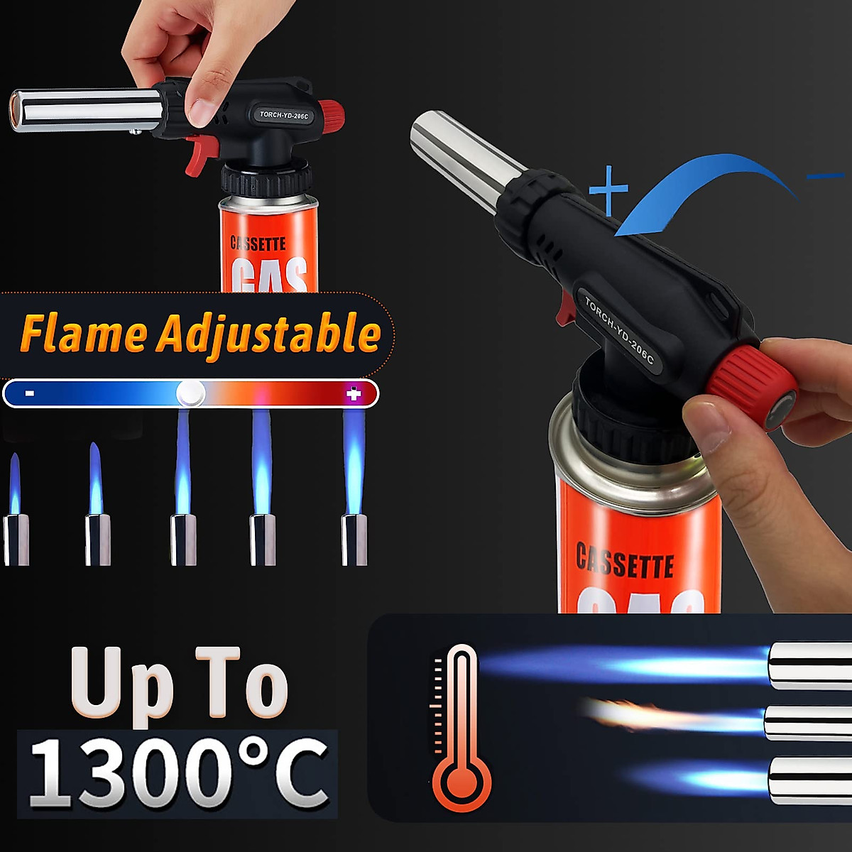 Butane Torch Kitchen Blow Lighter, Upgrade Culinary Torches Head with Stabilizing Stand, Professional Adjustable Flame for Creme Brulee,Baking,BBQ (Fits ALL Butane Tanks - Butane Fuel Not Included)