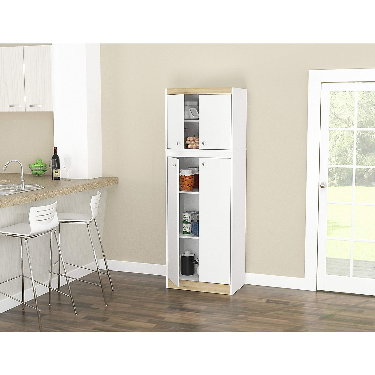 Inval Galley Kitchen 4-Door Storage Cabinet, White & Vienes Oak