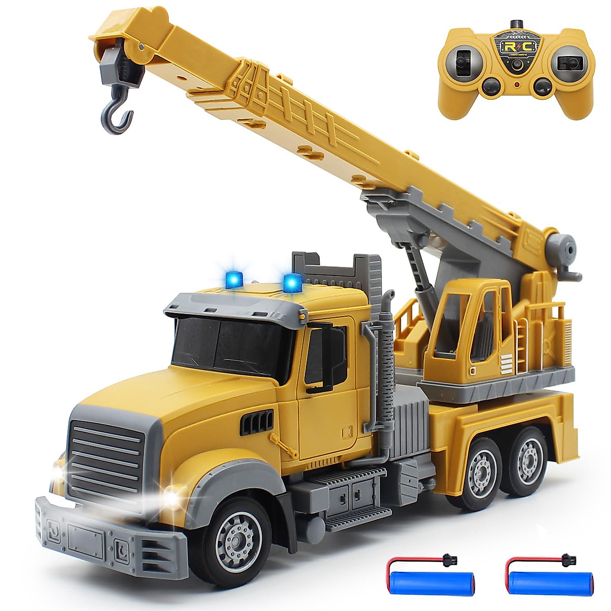 QuirkyGlee Remote Control Crane Truck Toy, RC Crane Truck 7 Channel 1:24 Construction Vehicles Toys，with One-Touch Lift Sounds & Lights, Two Rechargeable Batteries, Kids Cranes Toy for Boy Gift