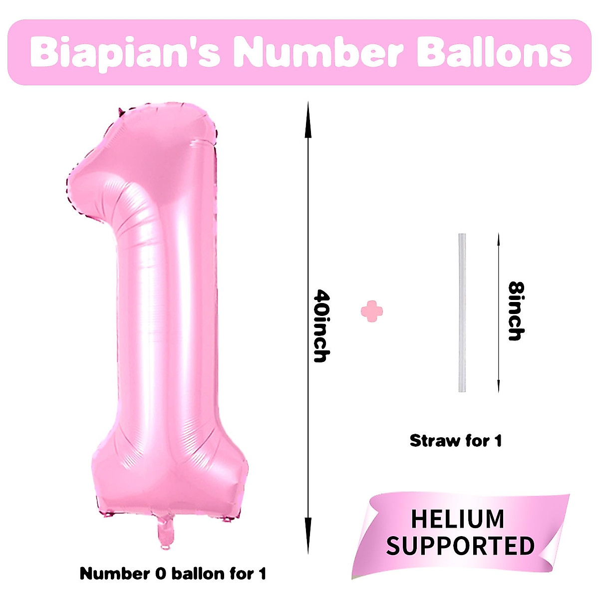 40 Inch Pink Number 1 Balloon, Light Pink Number Balloons Set 0-9, Large Baby Pink 1 Balloon Numbers, Pastel Pink Foil Digital 1 Balloons Helium for Girls Baby Shower 1st Birthday Party Decorations