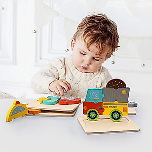 Phoohi Wooden Puzzles for Toddlers 1-3 Years 4pcs Vehicle Traffic Puzzles Early Learning Educational Montessori Preschool Wooden Toys for 2 Year Old Boys Gift