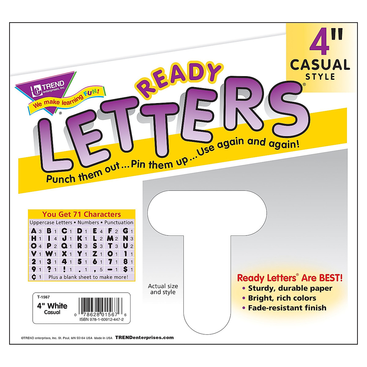 TREND ENTERPRISES, INC. White 4" Casual Uppercase Ready Letters,T-1567