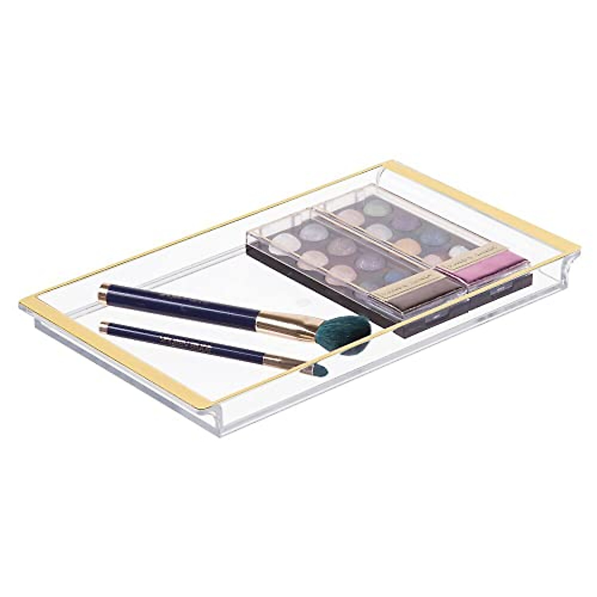 mDesign Plastic Bathroom Counter Tray and Organizer - Perfume, Guest Hand Towel, Makeup, and Accessory Holder Tray for Bathroom Countertop and Vanity - Petal Collection - Clear/Soft Brass