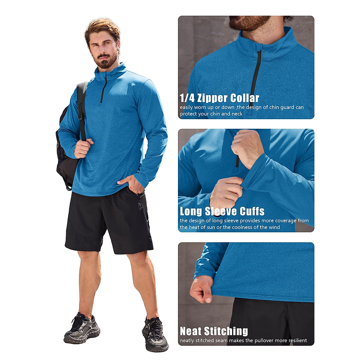 MAGCOMSEN 1/4 Zip Golf Pullover for Men Running Workout Pullover Lightweight Hiking Shirts Fleece Pullover Sea Blue,S