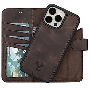 VENOULT Detachable Leather Wallet Case for iPhone 15 Pro, Man or Women Folio Cover, Compatible with Magsafe, RFID, Genuine Leather Card Holder Flip Case, Kick Stand (Chocolate Brown)