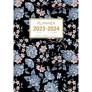 Planner July 2023-2024 June: A4 Large Notebook Organizer with Hourly Time Slots | Vintage Flower Leaf Design Black