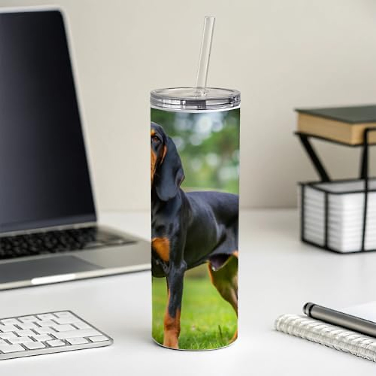 Black And Tan Coonhound Dog Photo Skinny Tumbler 20oz with Straw Insulated Water Bottle Gift