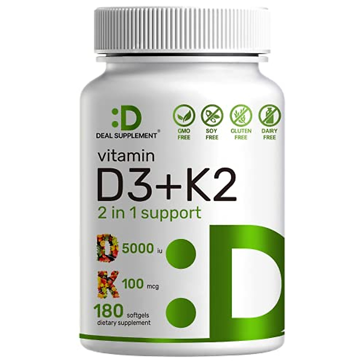 DEAL SUPPLEMENT Vitamin D3 K2 Softgel, 180 Counts, 2-1 Complex, Vitamin D3 5000 IU & Vitamin K2 MK7, Promotes Heart, Bone & Teeth Health - Very Easy to Swallow