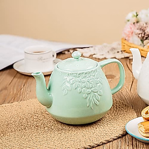 Toptier Leaf Teapot, Porcelain Tea Pot with Infuser and Lid, Blooming & Loose Leaf Ceramic Teapot, 37 Ounce, Light Green