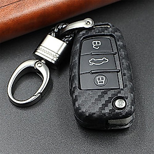 M.JVisun Soft Silicone Rubber Carbon Fiber Texture Case for Audi Flip Car Remote Key Fob Cover for Audi A1 A3 A4 A6 A8 Quattro Q2 Q3 Q7 R8 RS3 RS6 S3 S6 TT TTS Remote Key - Black - Weave Keychain