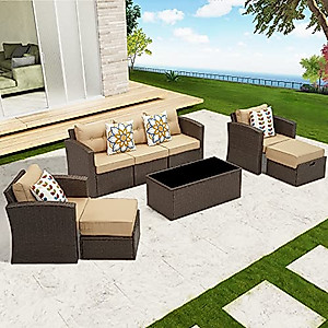 SUNVIVI OUTDOOR 8 Piece Outdoor Patio Furniture Set, PE Rattan Wicker Sofa Set, Outdoor Sectional Furniture Chair Set with Coffee Table and Ottoman（Brown/Beige）